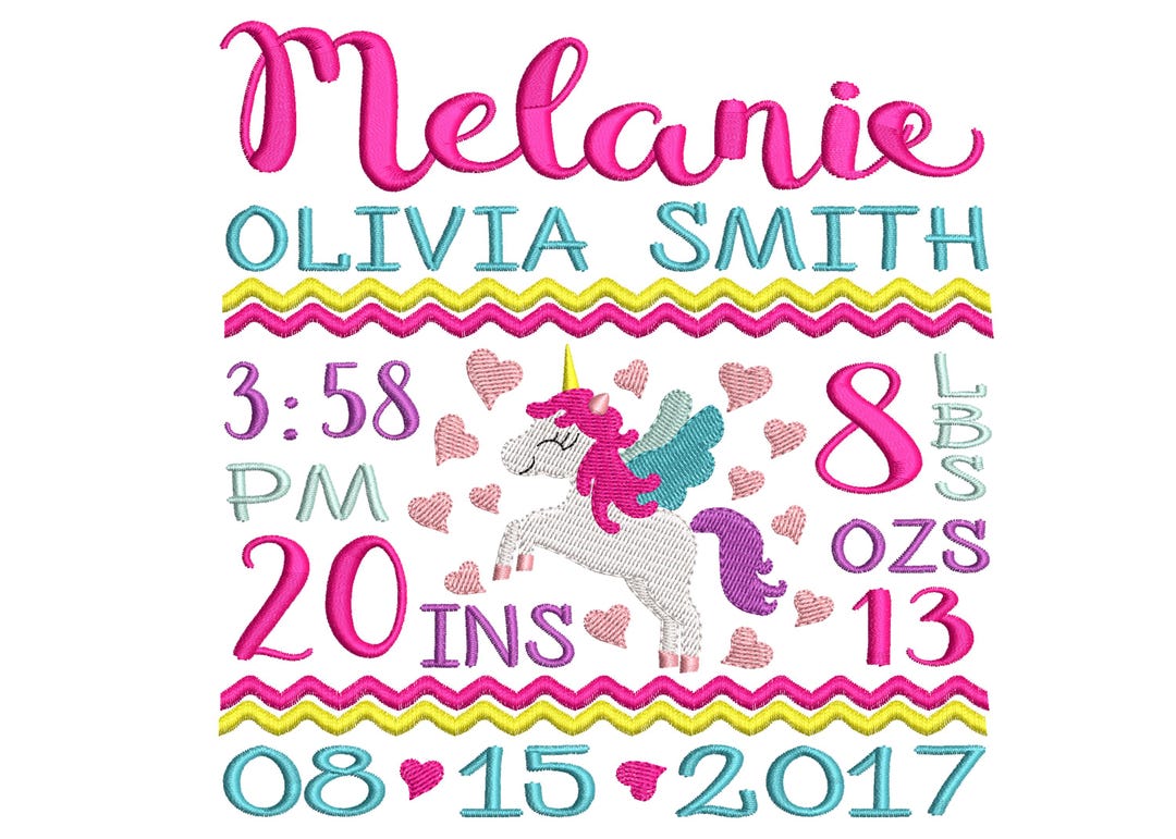 Birthday Unicorn Embroidery Design - Girl Birth Announcement Design ...