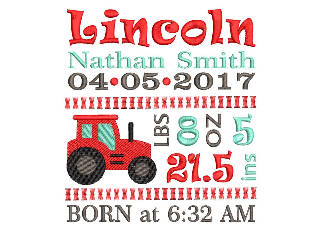 Tractor Birth Announcement Machine Embroidery Design - Personalized ...