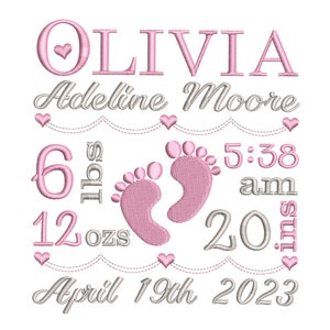 Baby Birth Announcement Embroidery Design, Customised Birth Stats ...