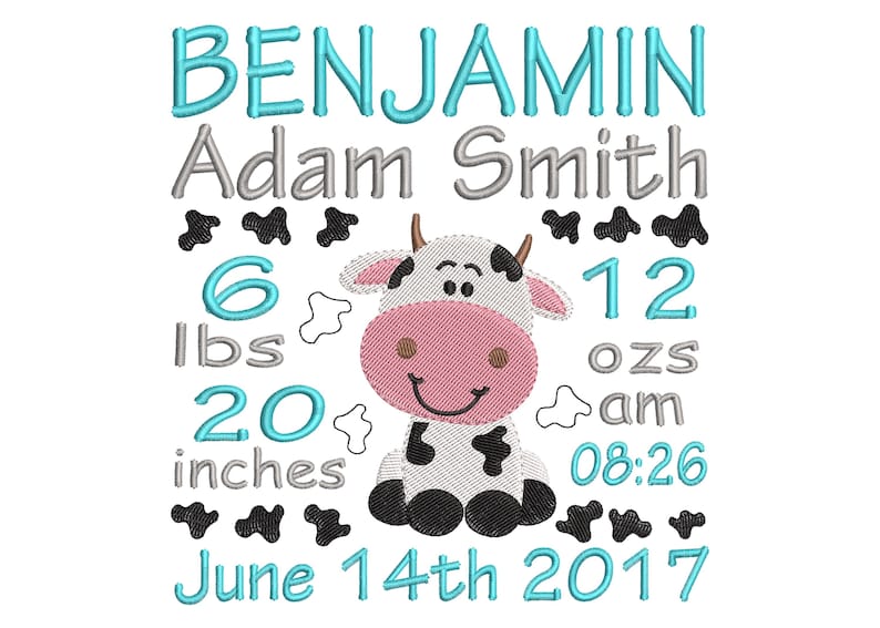 Boy Cow Announcement Embroidery Design - Birth Template Machine ...