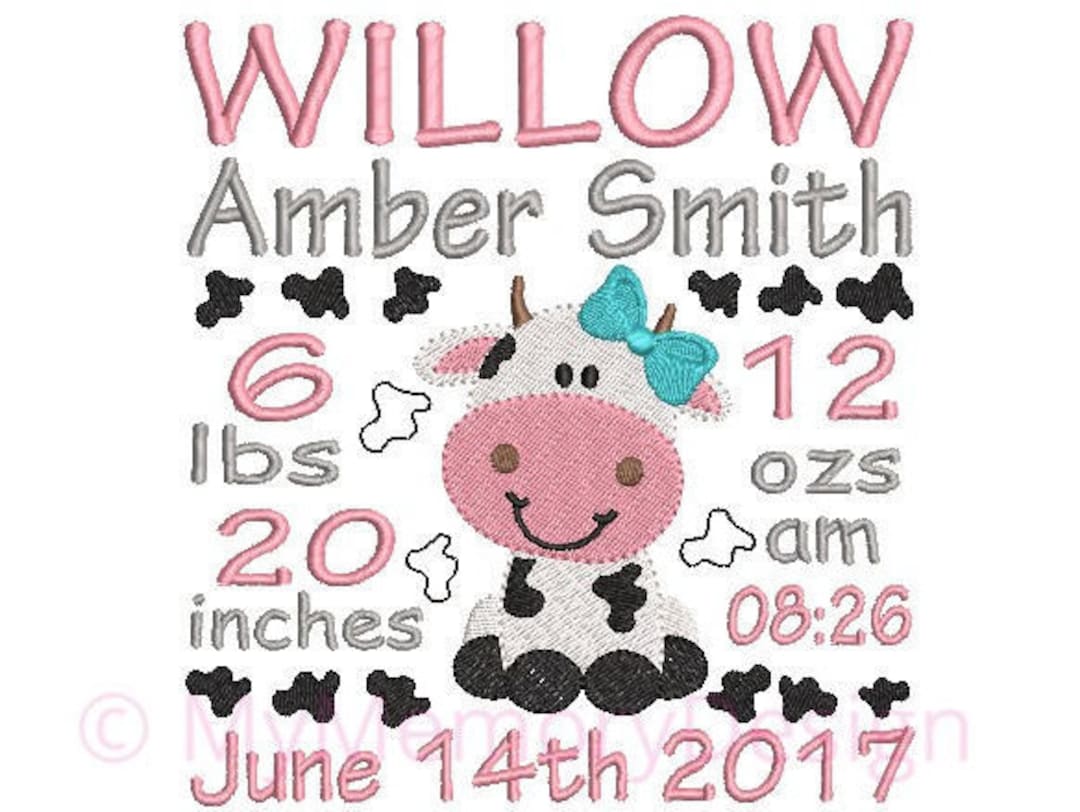 Cow Embroidery Design Birth Announcement Embroidery Design Baby ...