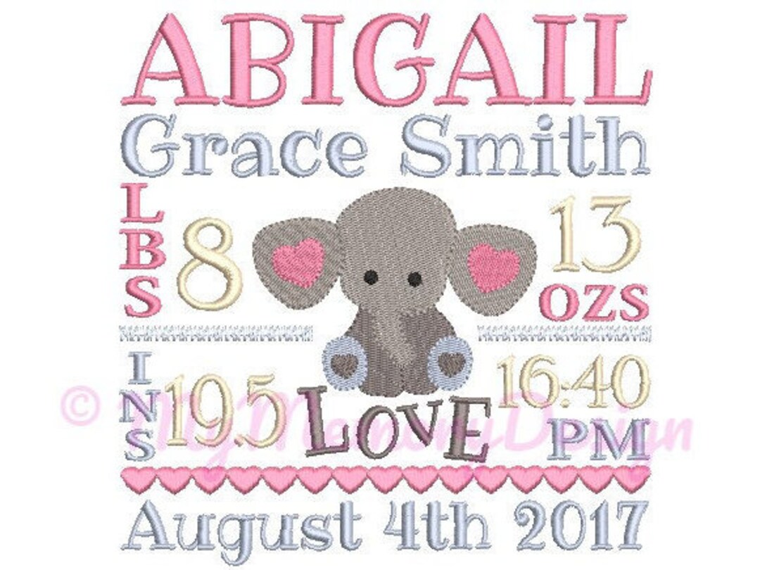 Elephant Birth Announcement Embroidery Design Baby Subway Art Machine ...