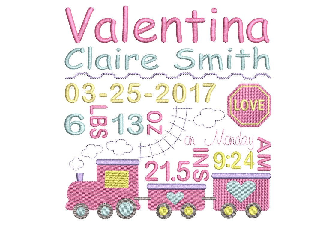 Baby Girl Train Birth Announcement Template Embroidery Design, Newborn ...
