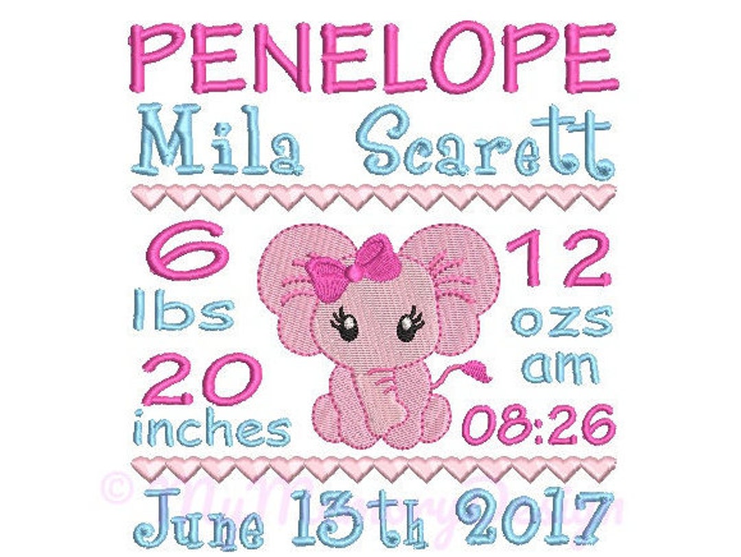 Elephant Birth Announcement Embroidery Design - Baby Subway Art Machine ...