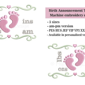 Birth Announcement Embroidery Design, Baby Feet Machine Embroidery ...