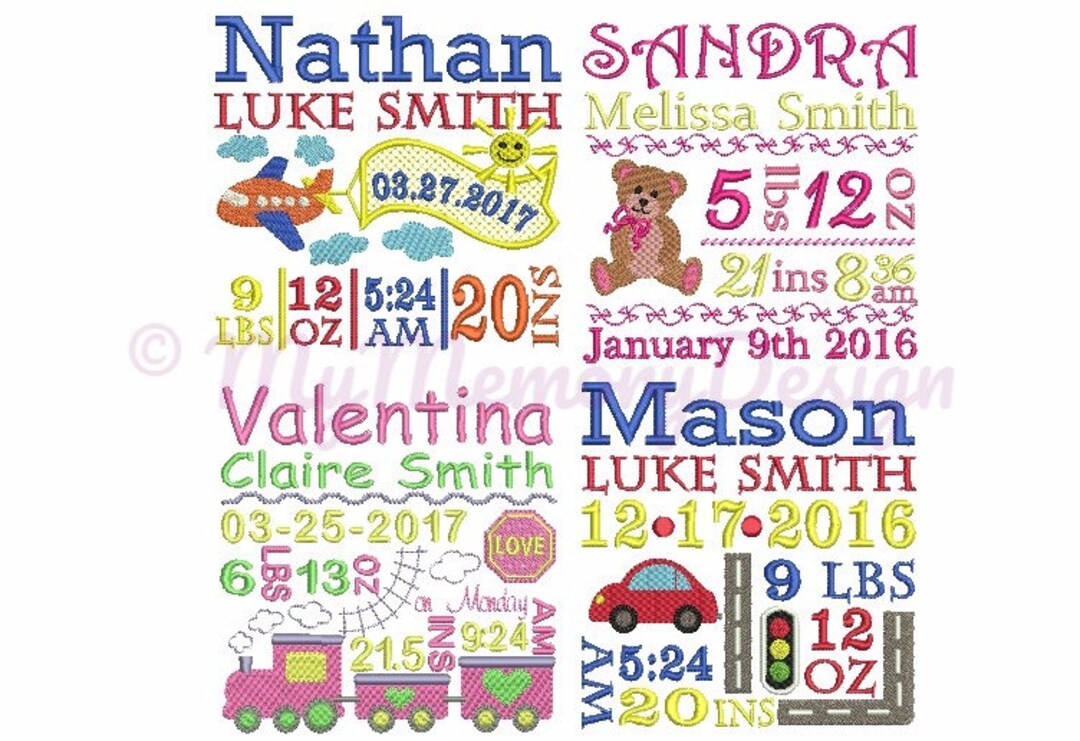 Set of 4 - Birth TEMPLATE Announcement Embroidery Design - Baby ...