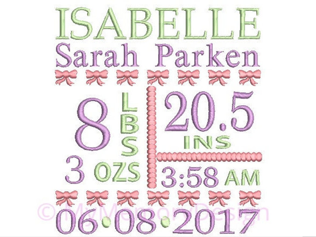 Birth Announcement Embroidery Design - Baby Girl Embroidery, Birthday ...