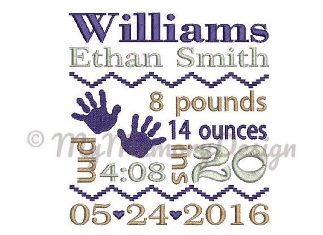 Baby Hand Embroidery Design, Birth Announcement Embroidery, Baby Boy ...
