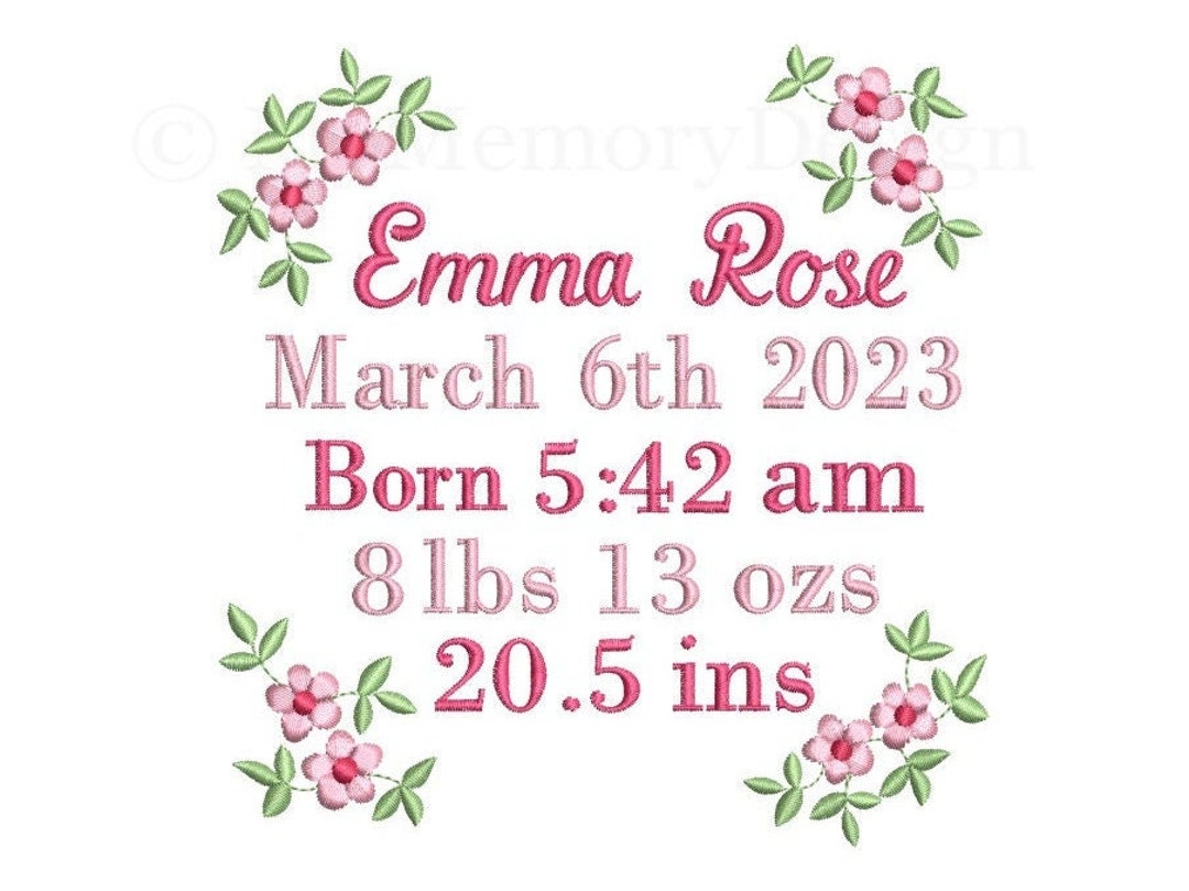 Birth Announcement Embroidery Design, Baby Girl Birth Stats Template ...