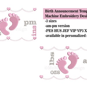 Birth Announcement Embroidery Design, Birth TEMPLATE, Baby Girl ...