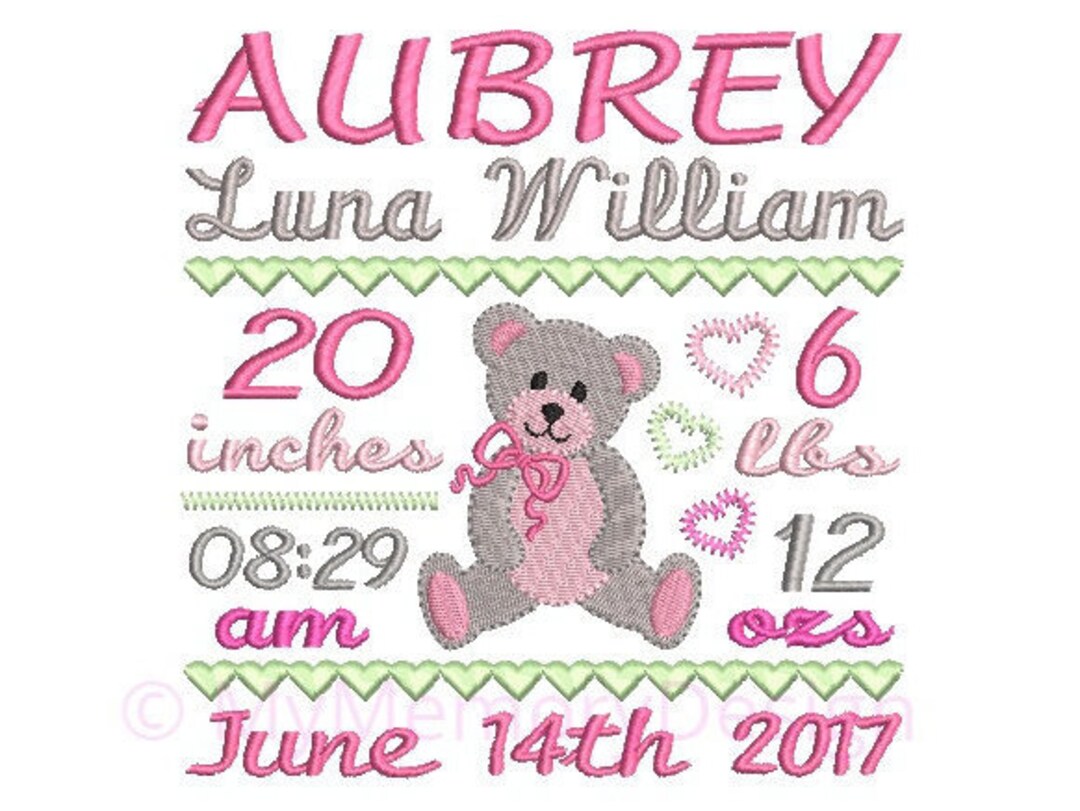 Baby Bear Birth Announcement Embroidery Design, Personalized Embroidery ...