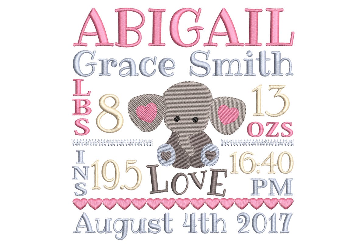 Elephant Birth Announcement Embroidery Design - Birth Template Machine ...