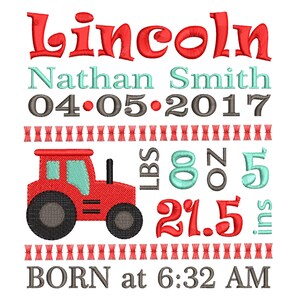 Tractor Birth Announcement Embroidery Design - Birth Stat Sign, Subway ...