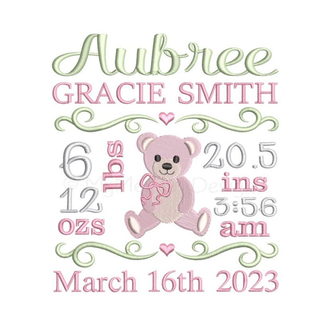 Baby Bear Embroidery Design, Birth Announcement Machine Embroidery ...