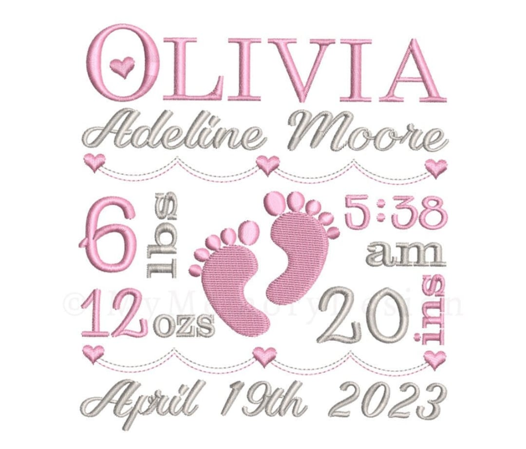 Birth Announcement Embroidery Design, Birth TEMPLATE, Baby Girl ...