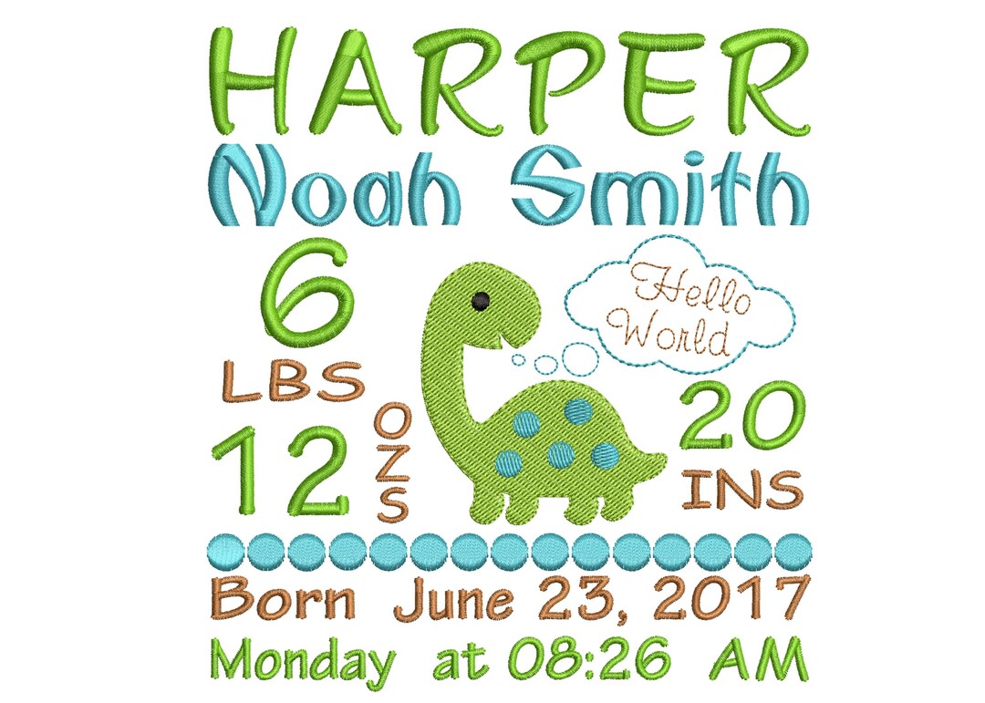 Dinosaur Baby Birth Announcement Machine Embroidery Design - Baby Boy ...
