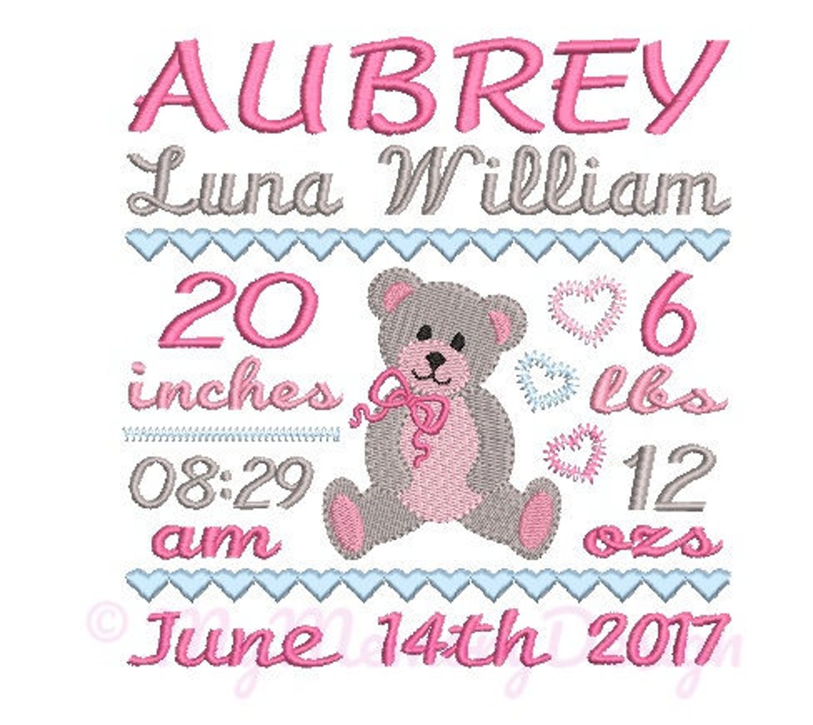 Birth Announcement Embroidery Design Baby Girl Embroidery - Etsy