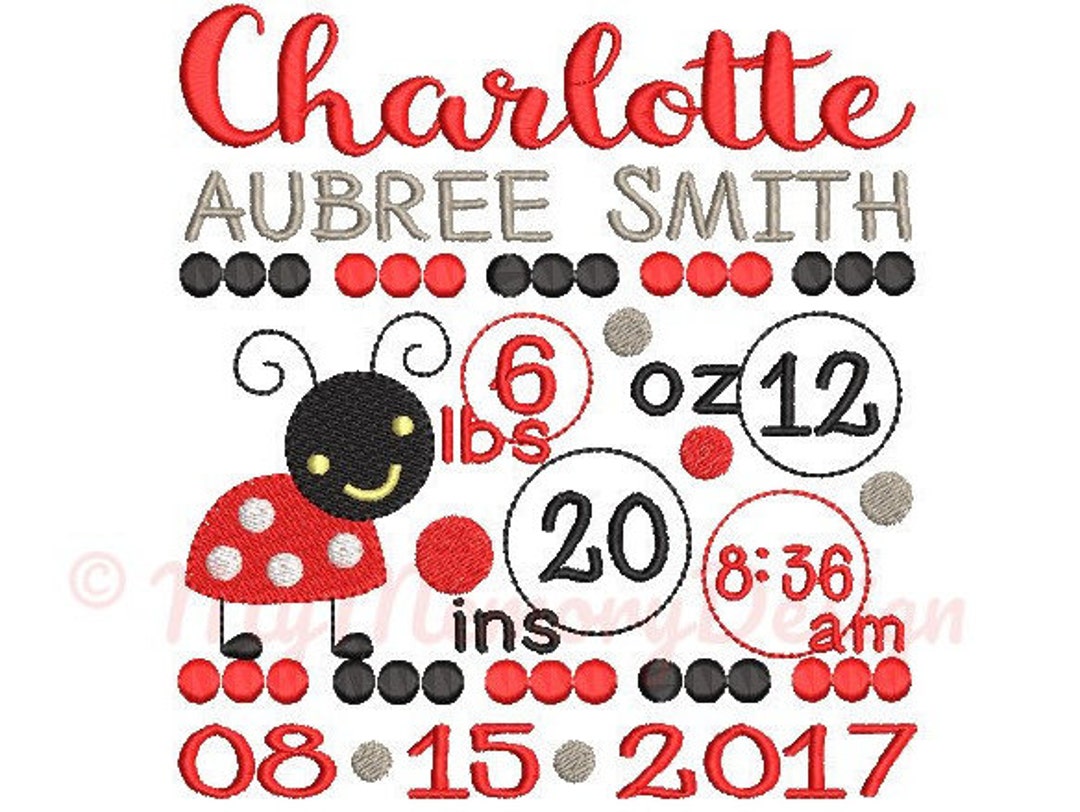 Ladybug Birth Announcement Embroidery Design - Birth Template Machine ...