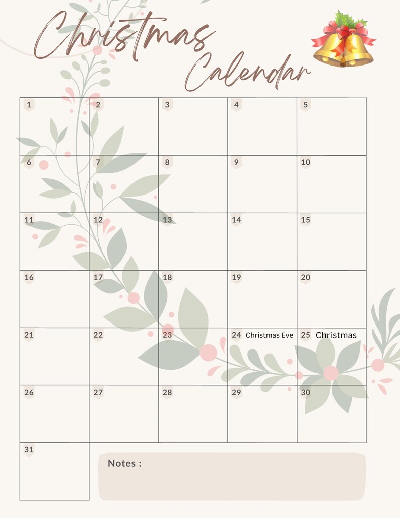 PRINTABLE December Calendar, Christmas Calendar, December Printable ...
