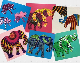 Elephant card in floral multi African print fabric elephant | Etsy