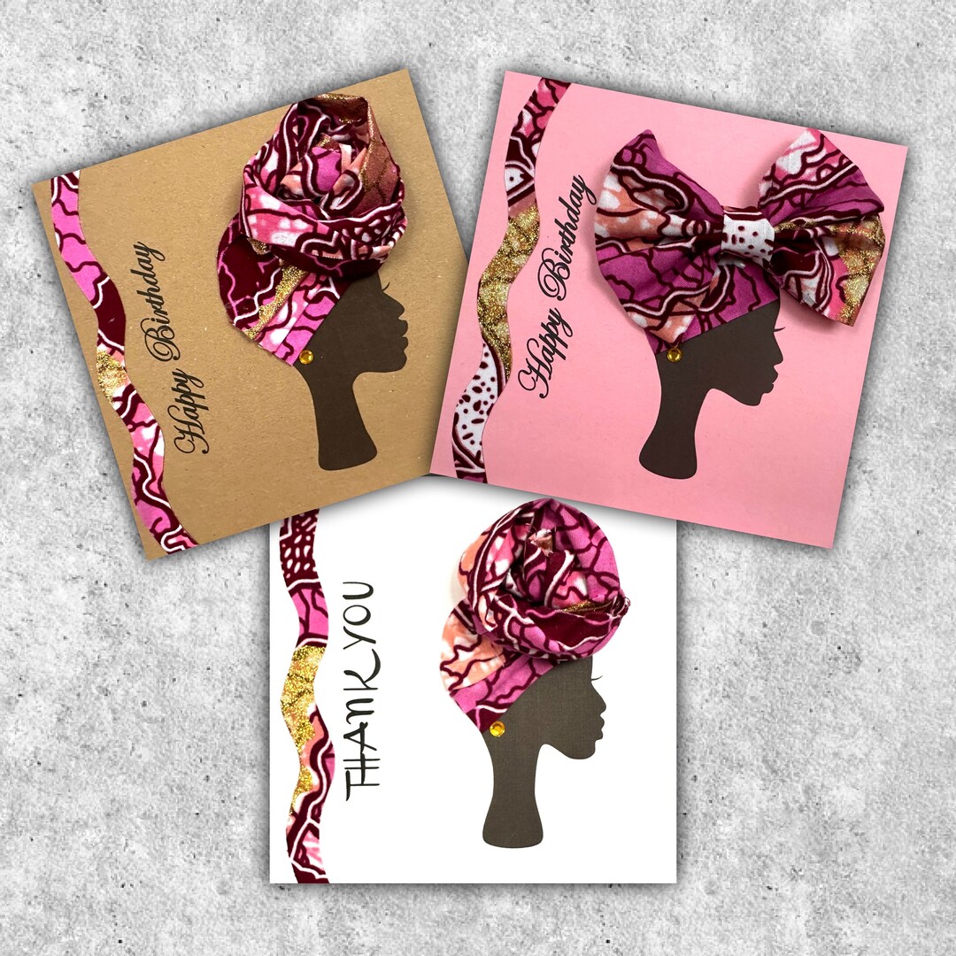 Pink and Gold Glitter Fabric Head Wrap Card, Black Woman With Bow or ...