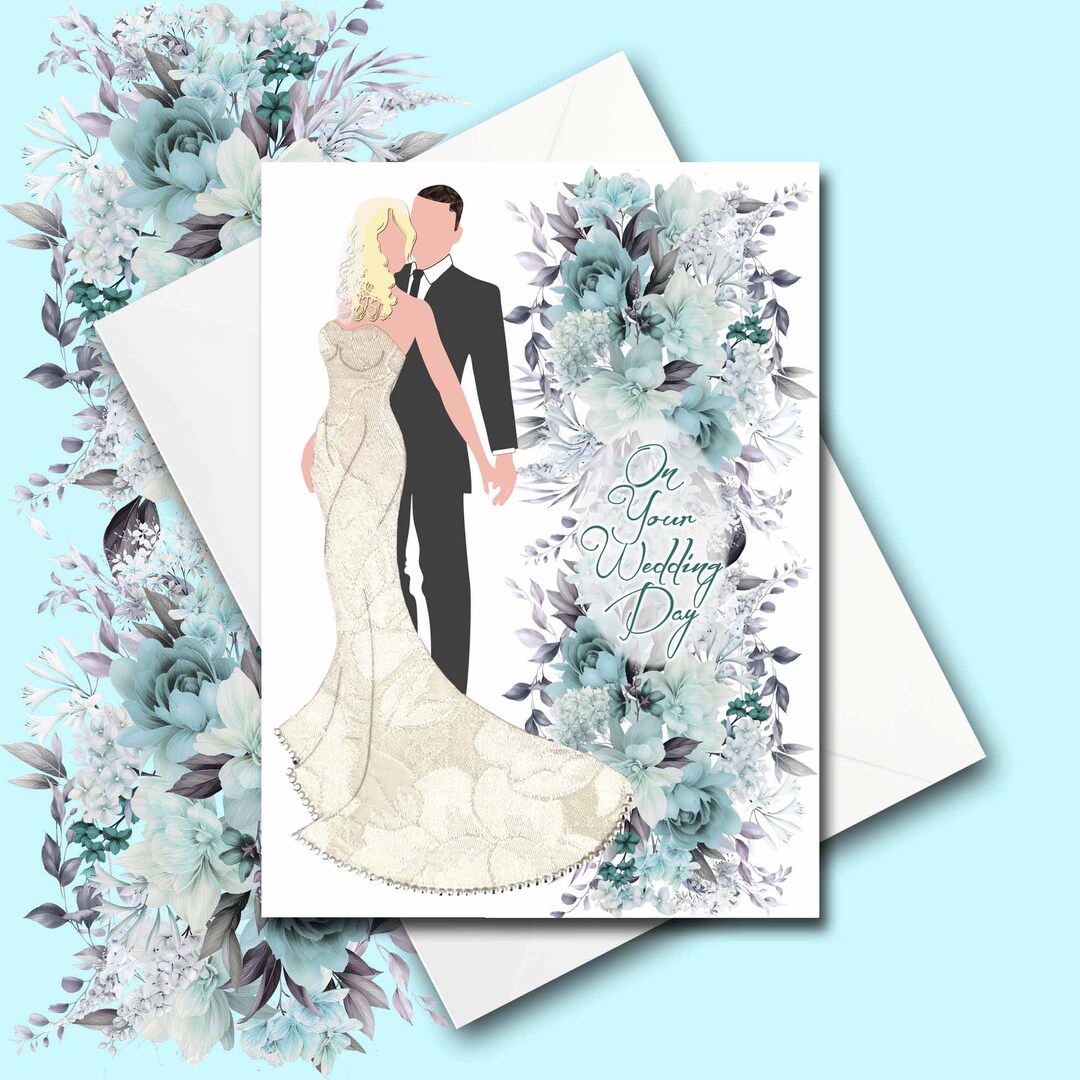 Floral Handmade Fabric Wedding Card, Personalise Hair Colour for Bride ...