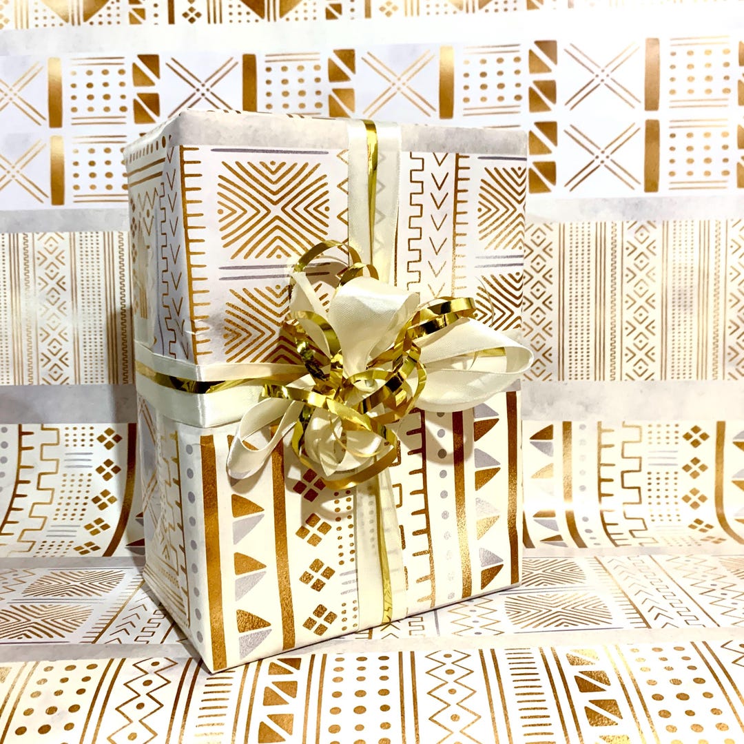 Gold White Mud Cloth Pattern Gift Wrap Paper, Wedding Giftwrap, Any ...