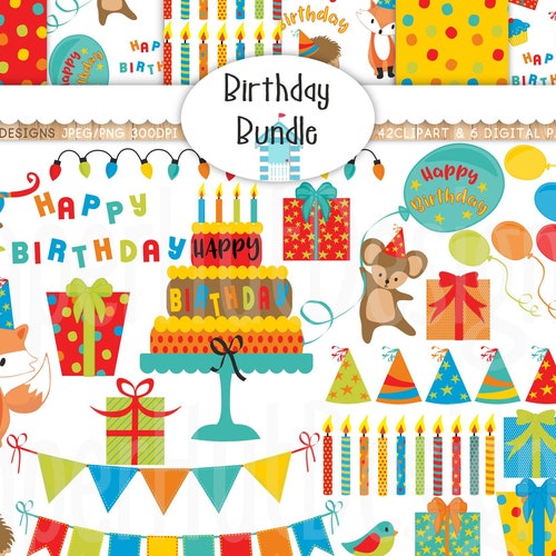 Birthday Clipart-birthday Bundle Clip Art and Digital Paper - Etsy