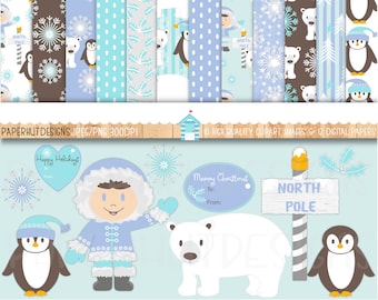 Digital Papers Red and Aqua Penguin and Polar Bear Patterns - Etsy
