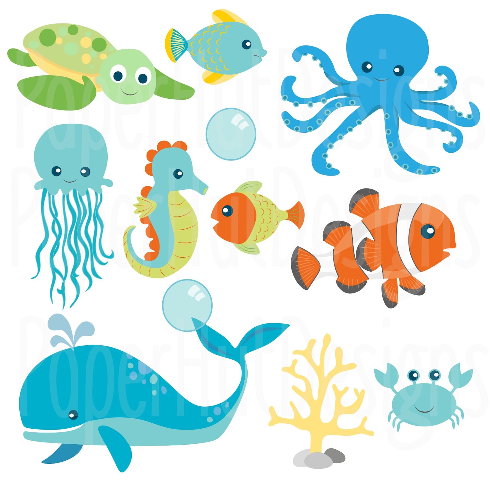 Sea Animal Clipart and Digital Paper Set-under the Sea Clipart - Etsy