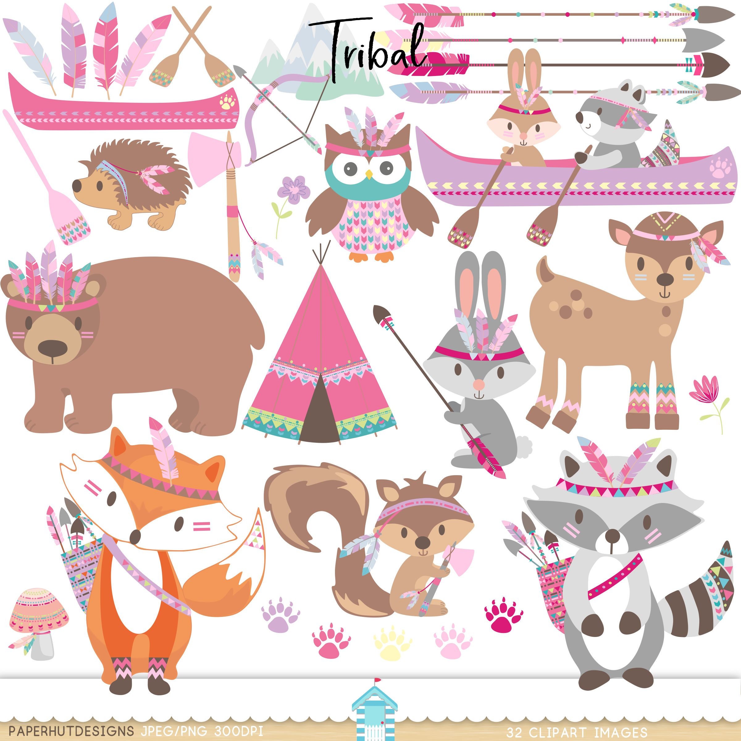 Girls Pink Tribal Animals Clipart: Woodland Camping Set (digital ...