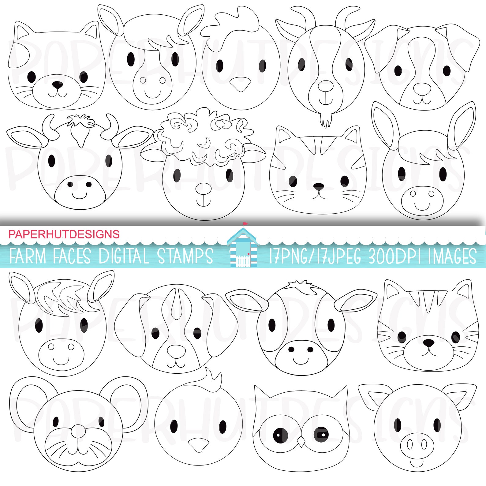 Farm Animals Digital Stamp-farm Animal Faces Black and White Stamps ...