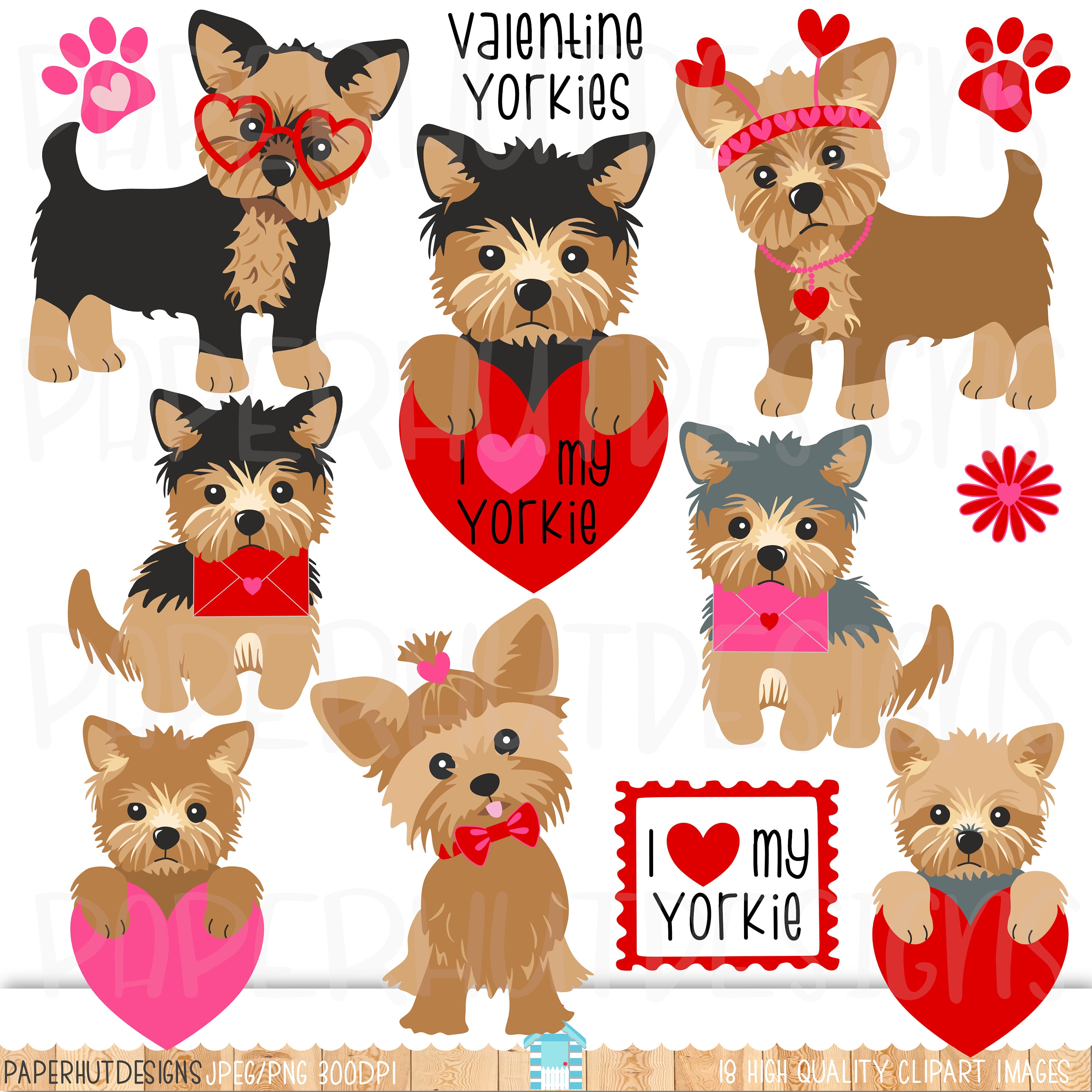 Valentine Yorkie Dogs Clipart-yorkshire Terrier Valentine Clip | Etsy