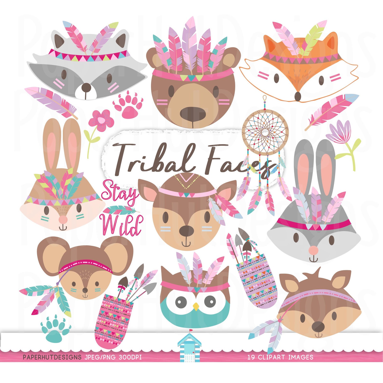 Tribal Animal Faces Clipart: Nursery Decor (PNG & JPEG Digital) - Etsy