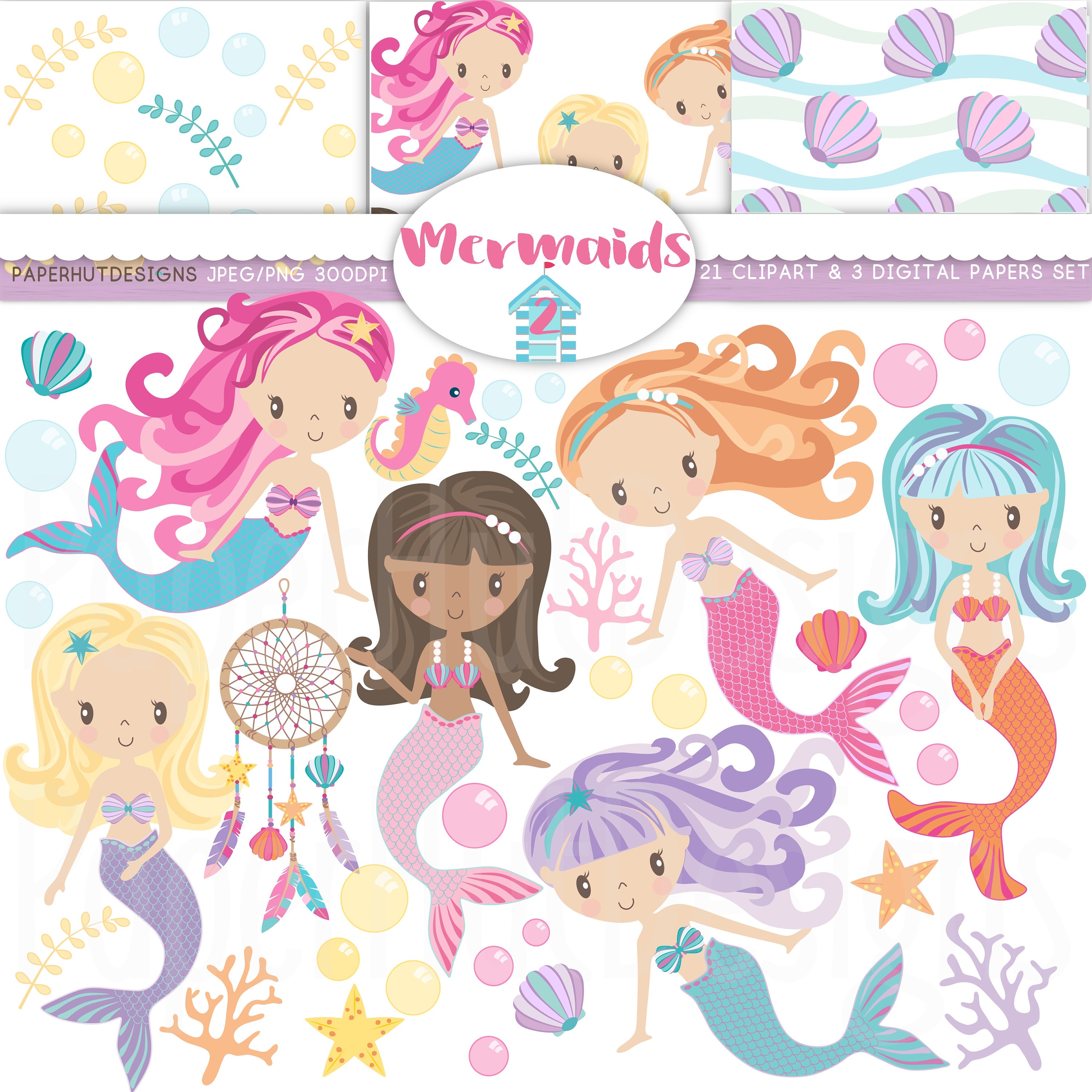 Mermaids 2 Clipart-mermaids Clip Art Mermaid Digital Papers - Etsy