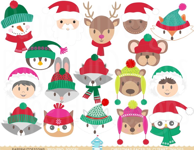 Christmas Faces Clipart-christmas Clip Art-woodland Animals - Etsy