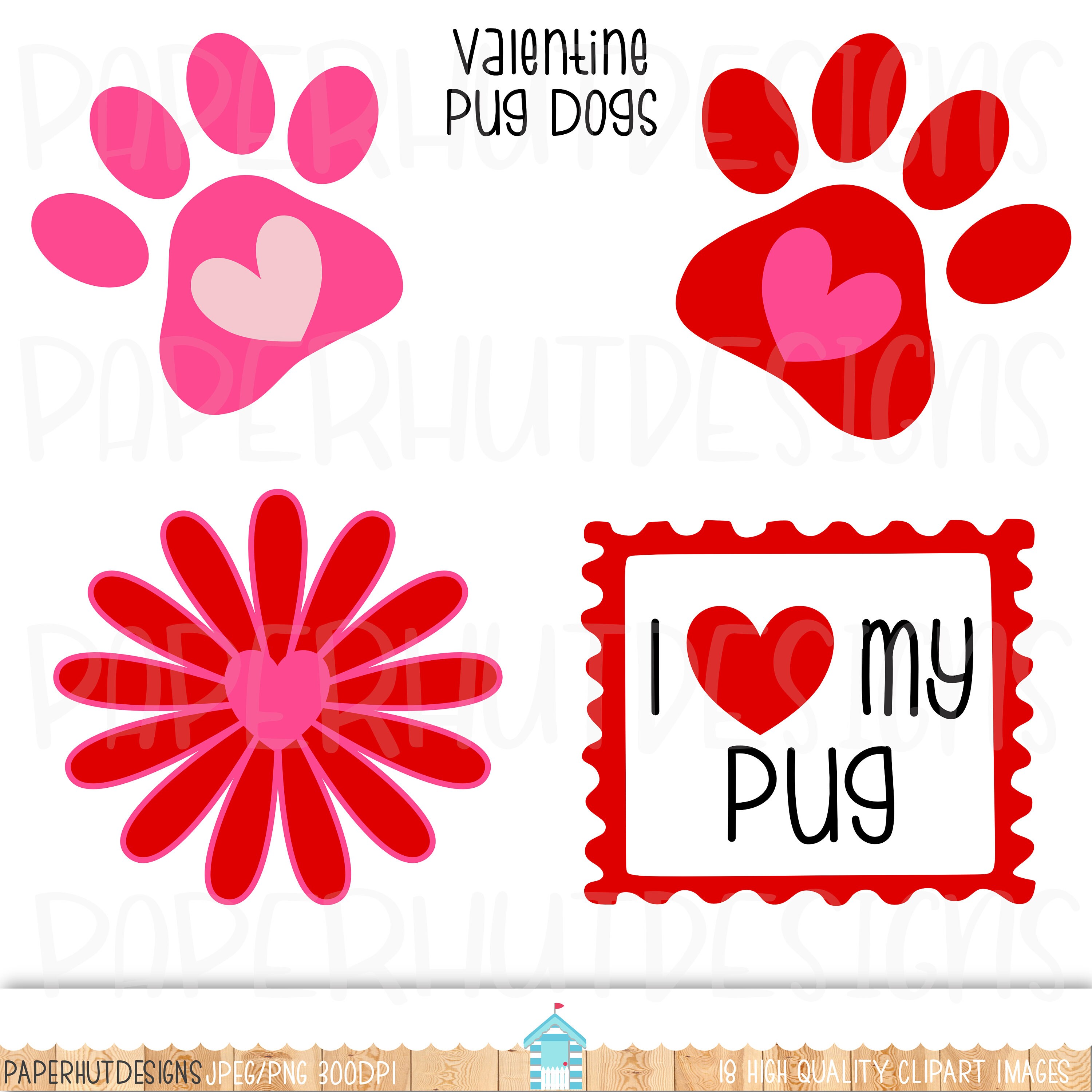Valentine Pug Dogs Clipart-pug Valentine Clipart-cute Pug | Etsy