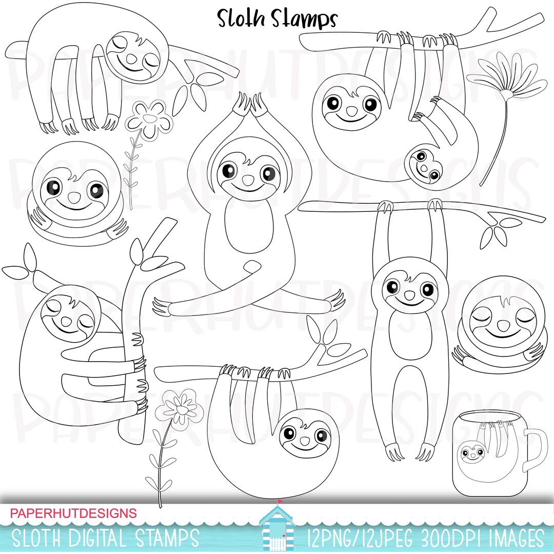 Sloth Digital Stamps Clipart|sloth Black and White Stamps|cute Sloths ...