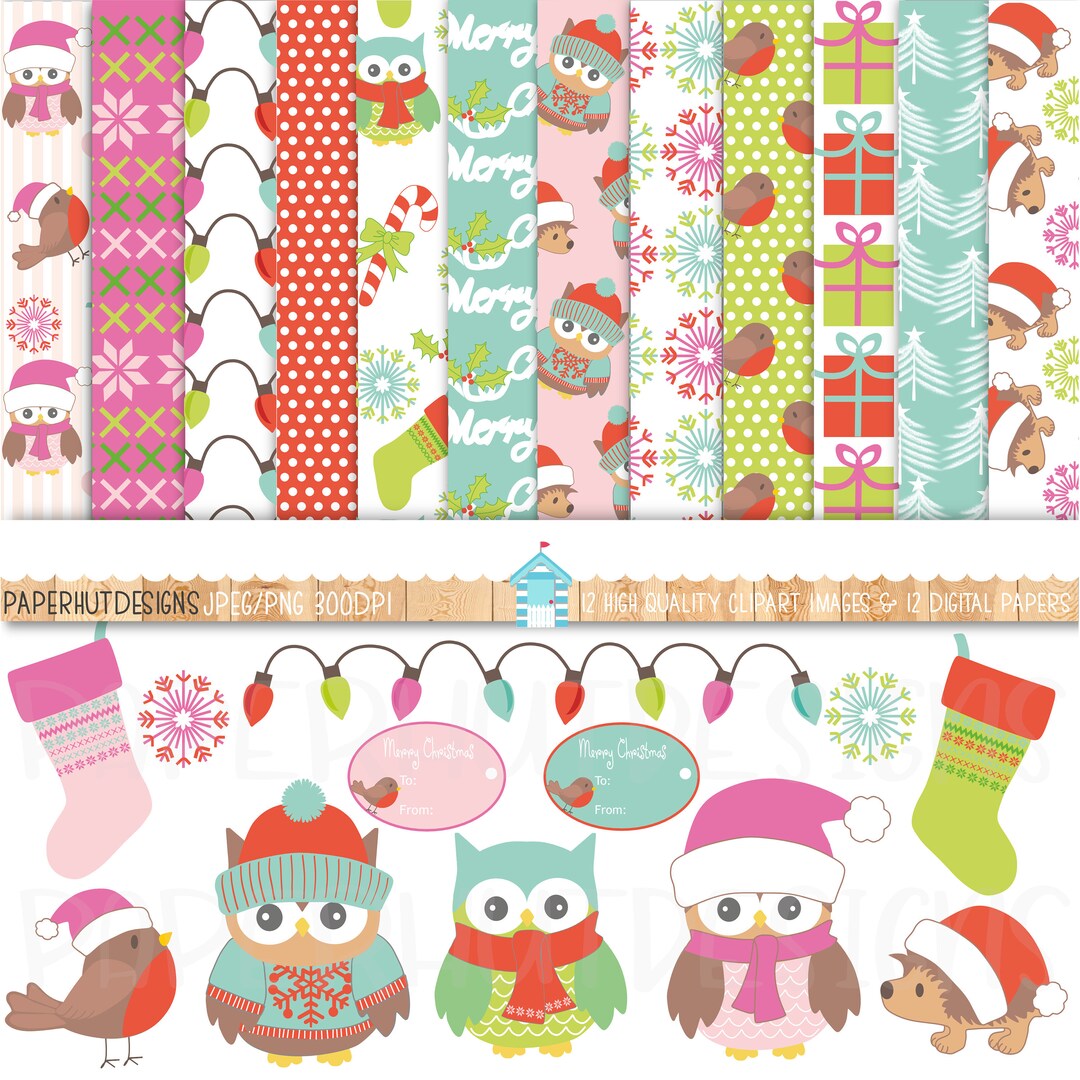 Christmas Owl Digital Papers-christmas Clipart-holiday Papers - Etsy