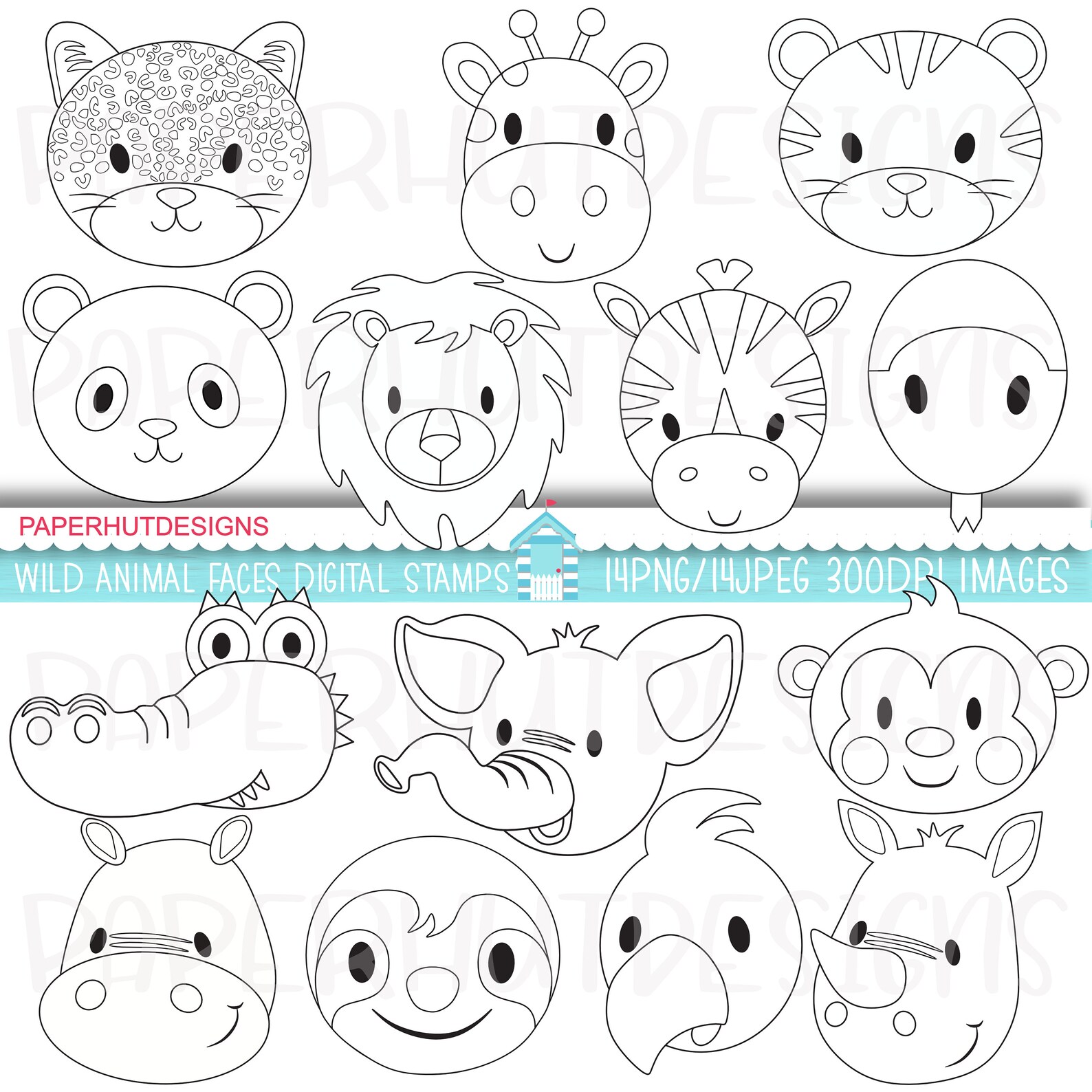 Jungle Animal Faces Digital Stampssafari Digital Stampswild Animals ...