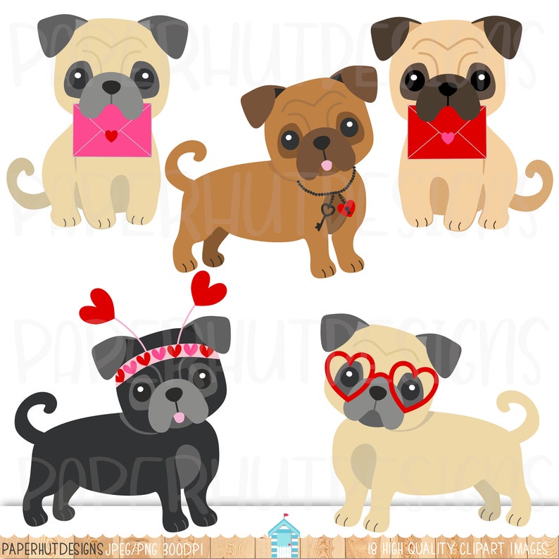Valentine Pug Dogs Clipart-pug Valentine Clipart-cute Pug | Etsy