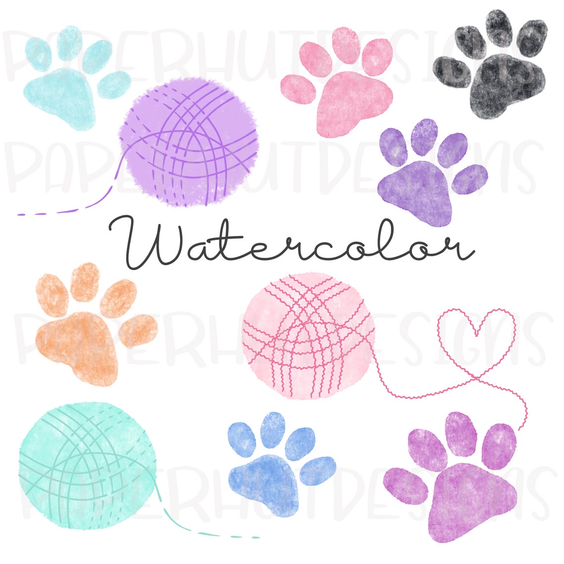 Cat Clipart-cute Cat Clip Art-watercolor Paw-watercolor Balls - Etsy