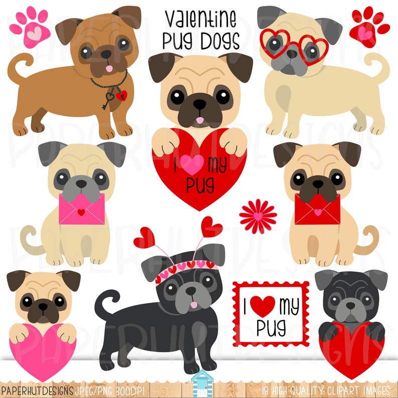 Valentine Pug Dogs Clipart-pug Valentine Clipart-cute Pug | Etsy
