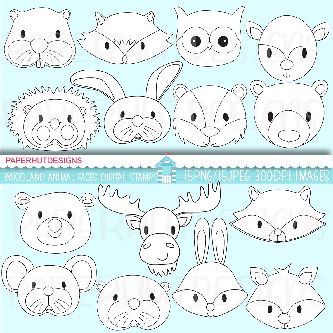 Woodland Animal Faces Digital Stamps: 15 PNG/JPEG Clipart (digital ...