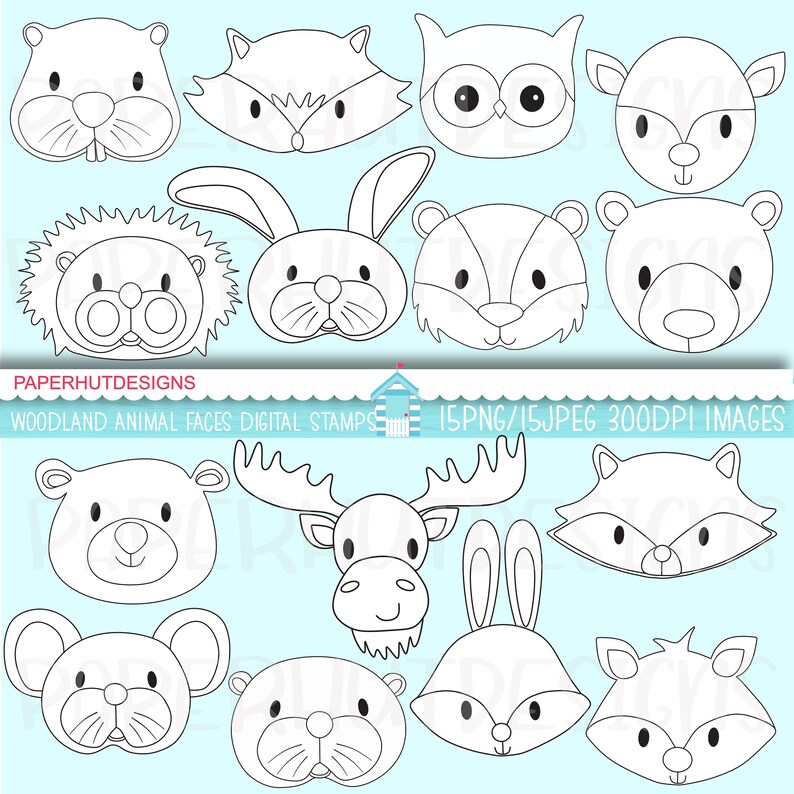 Woodland Animal Faces Digital Stamps: 15 PNG/JPEG Clipart (digital ...