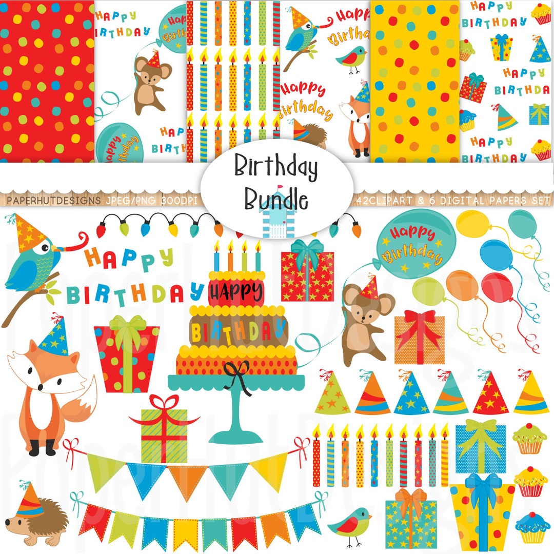 Birthday Clipart-birthday Bundle Clip Art and Digital Paper Set-cute ...