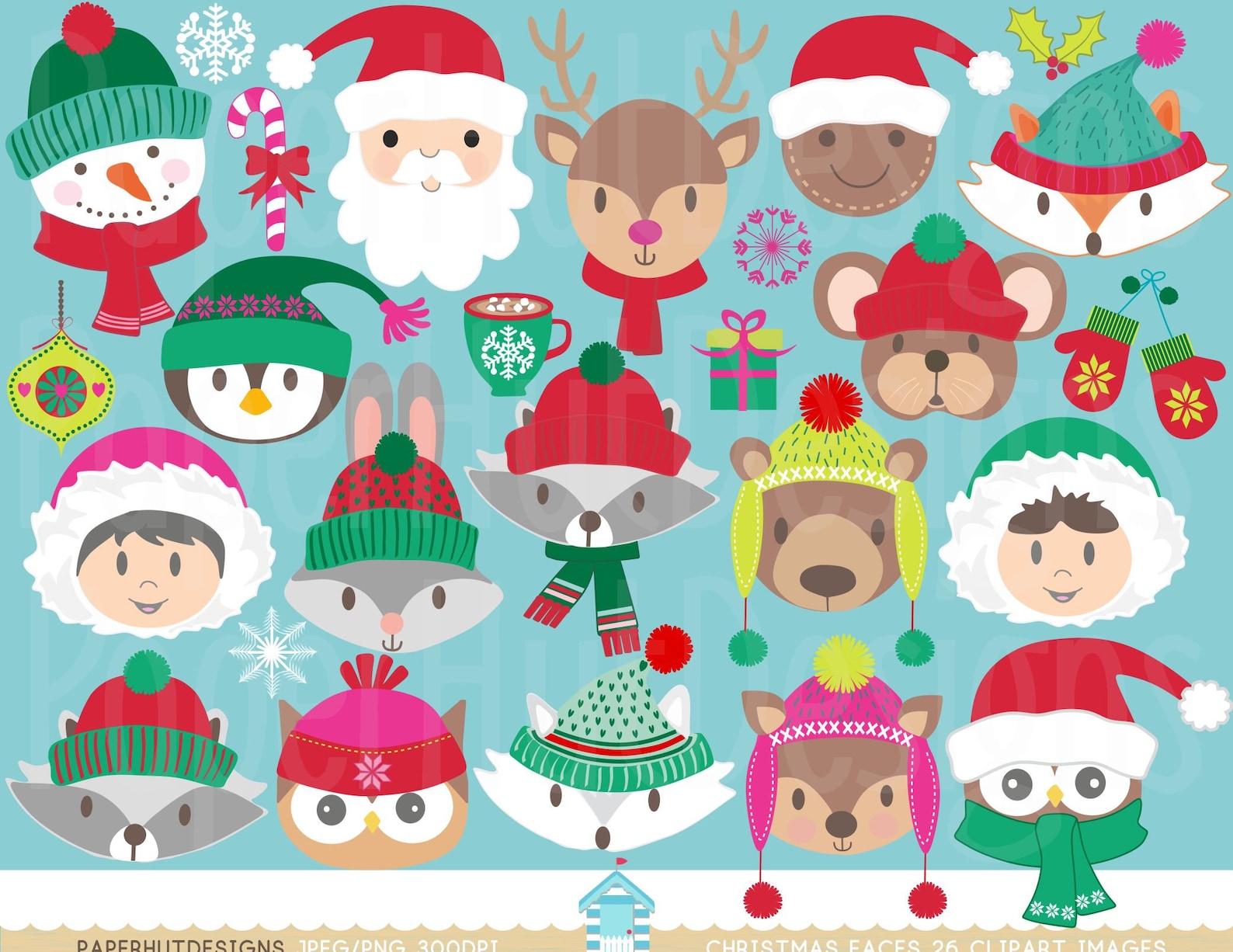 Christmas Faces Clipart-christmas Clip Art-woodland Animals - Etsy