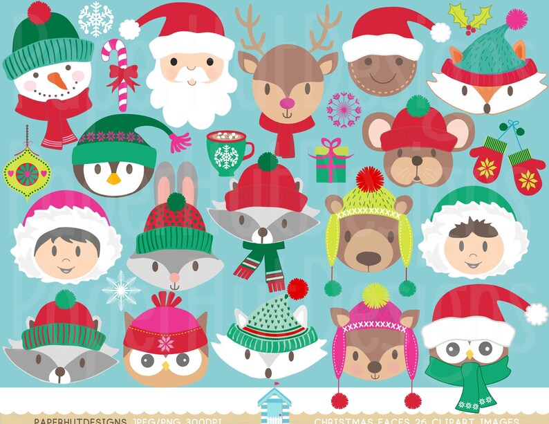 Christmas Faces Clipart-christmas Clip Art-woodland Animals - Etsy