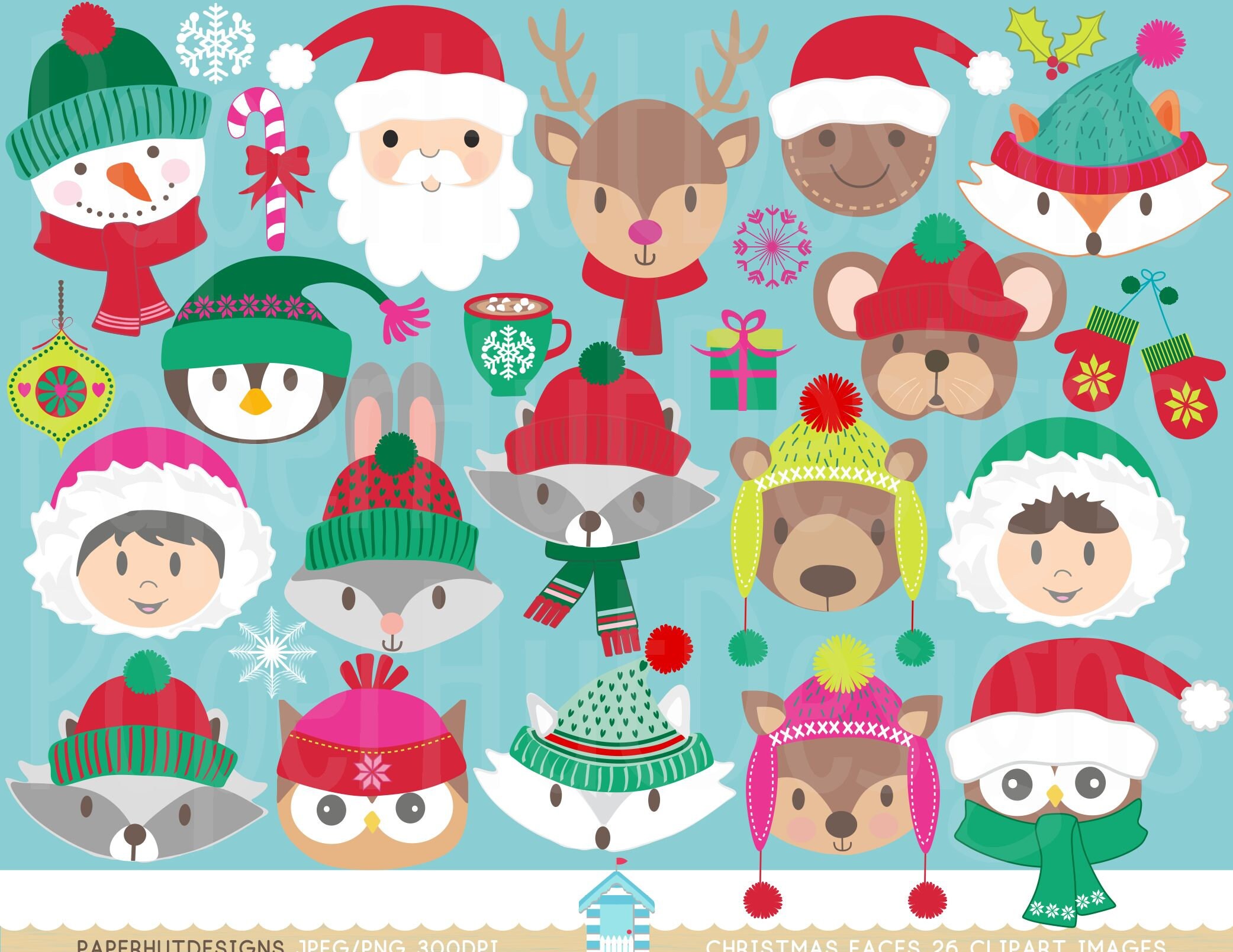 Christmas Faces Clipart-Christmas Clip Art-Woodland Animals | Etsy