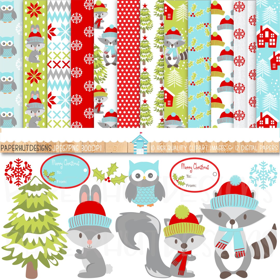 Christmas Digital Papers-christmas Clipart-woodland Animals Clip Art ...